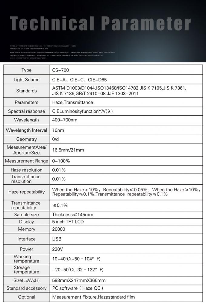 ASTM D1003 Haze Measurement Instrument CS -700 For Haze And ...